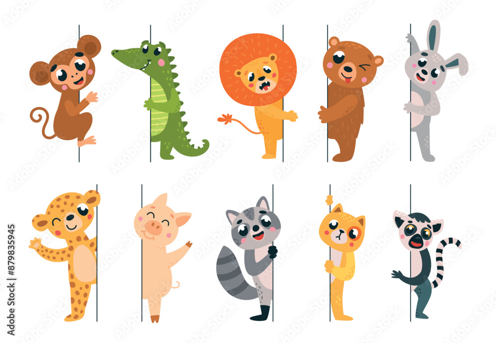 Wild animals peeking. Animal peeping out vertical lines, look out and ...