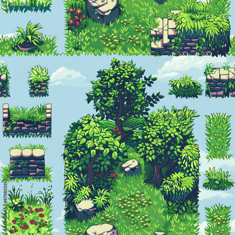 16-bit pixel art, grass tileset, sprite, sprite sheet.generative ai Stock Illustration | Adobe Stock