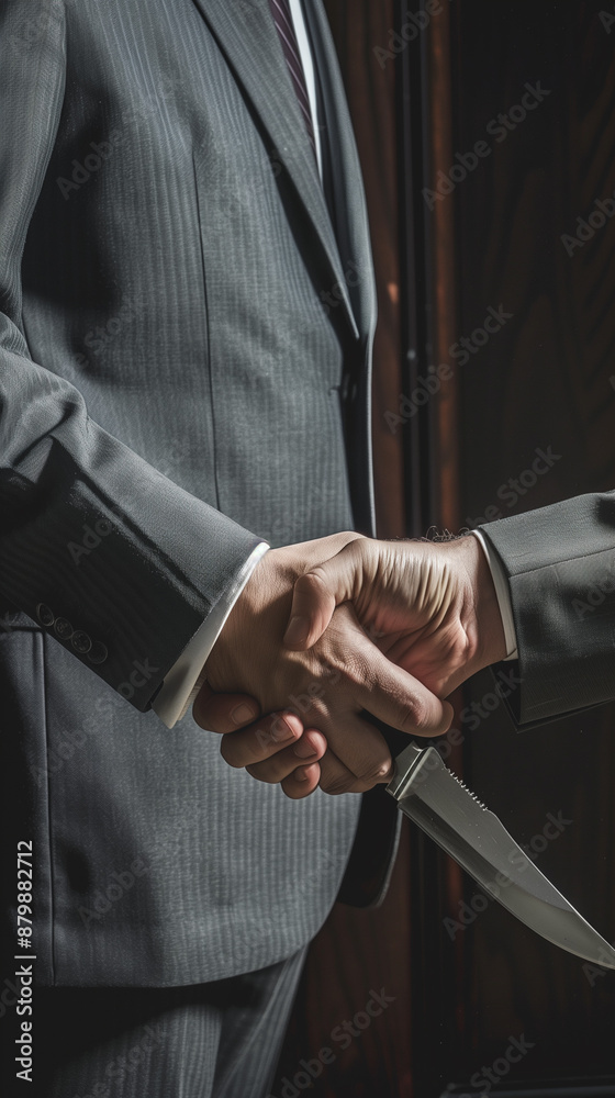 Two businessmen shake hands, one hides a knife, revealing betrayal and ...