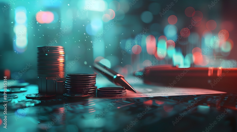 Economy and finance background with money coins , pen and stocks market ...