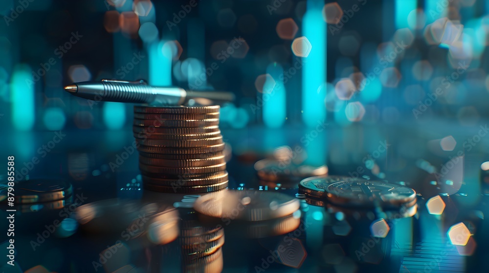 Economy and finance background with money coins , pen and stocks market ...