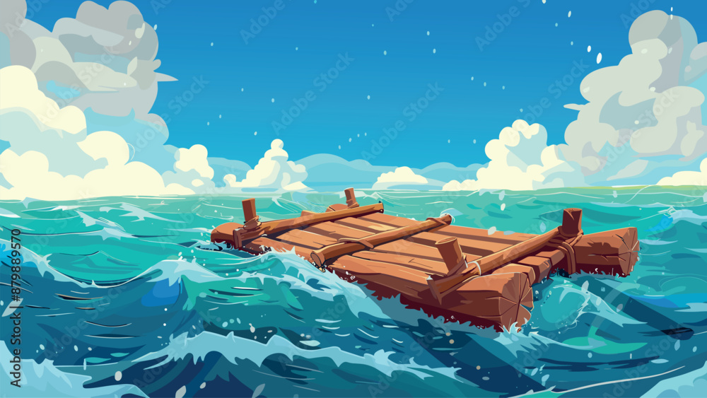 Wooden Raft in the Middle of a Raging Sea Cartoon Game Background ...