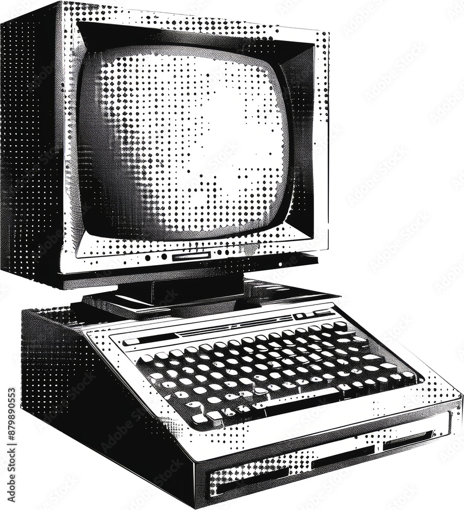 Retro computer collage element on transparent background, Retro computing machine y2k collage ...