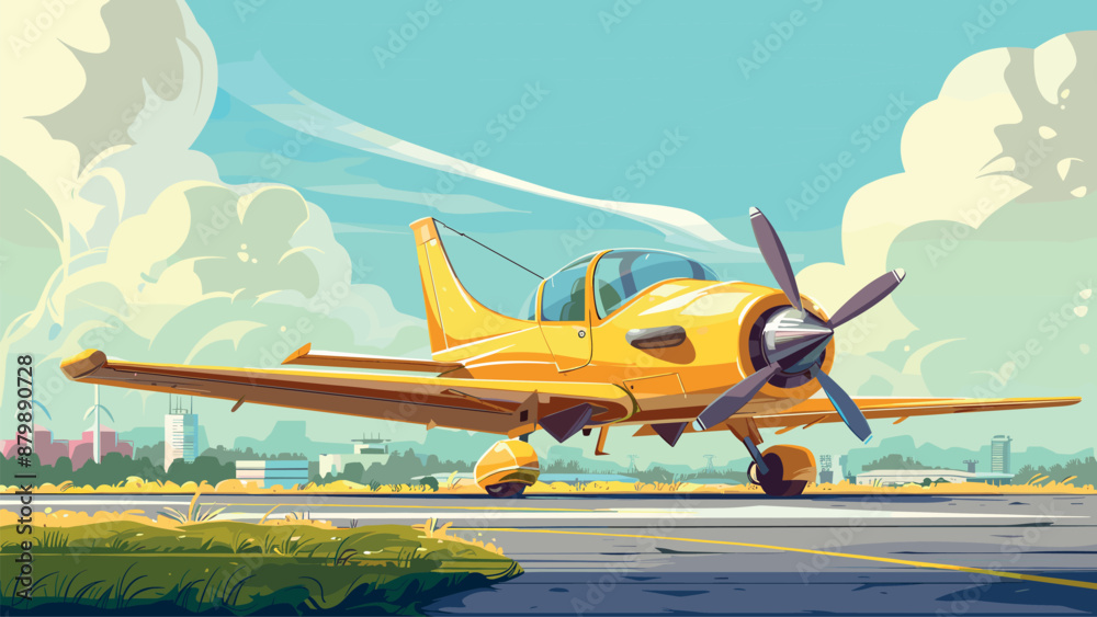Yellow Small Aircraft Stands on Runway Cartoon Game Background Aviation ...