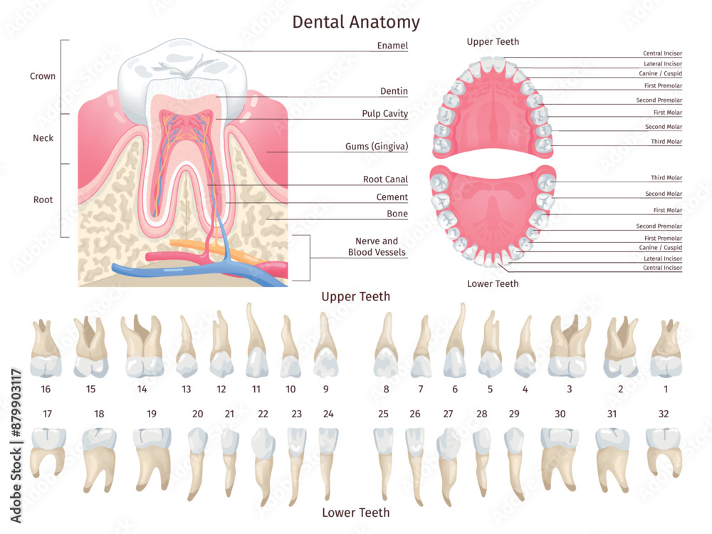 Dental anatomy infographic. Human teeth types chart, dentistry ...