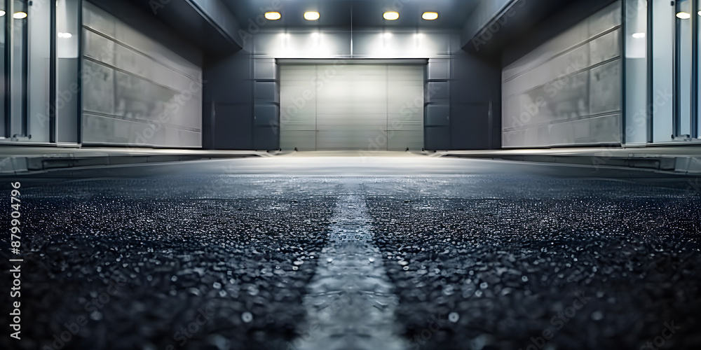 Dark empty street scene with black asphalt road leading to a blurred ...