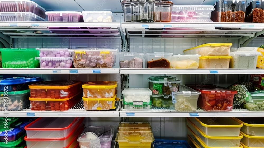 Freezer shelves at grocery store stocked with food and drinks. Interior ...