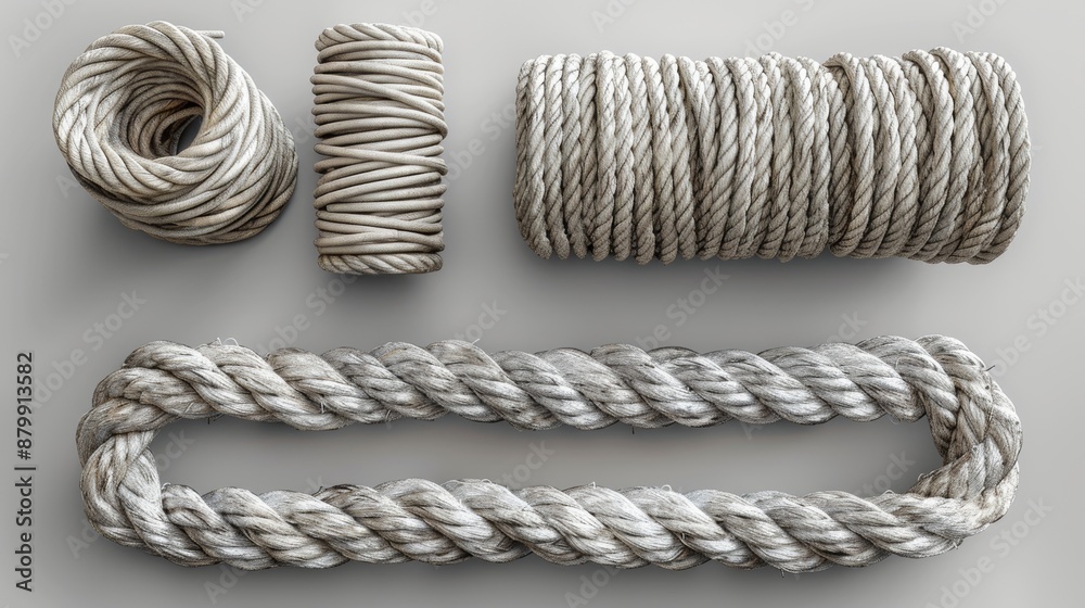 Various sizes of rope, steel cords, and silver colored twisted cables ...