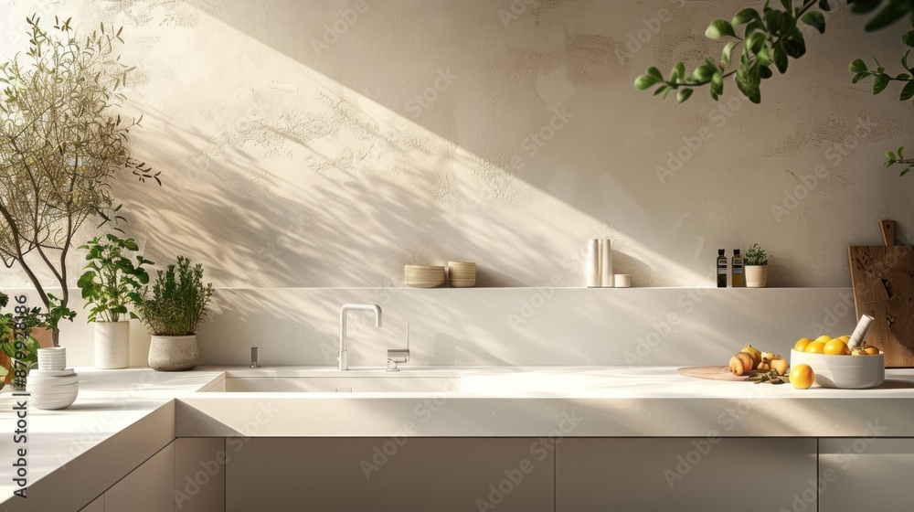 modern kitchen with a seamless white Corian countertop featuring built ...