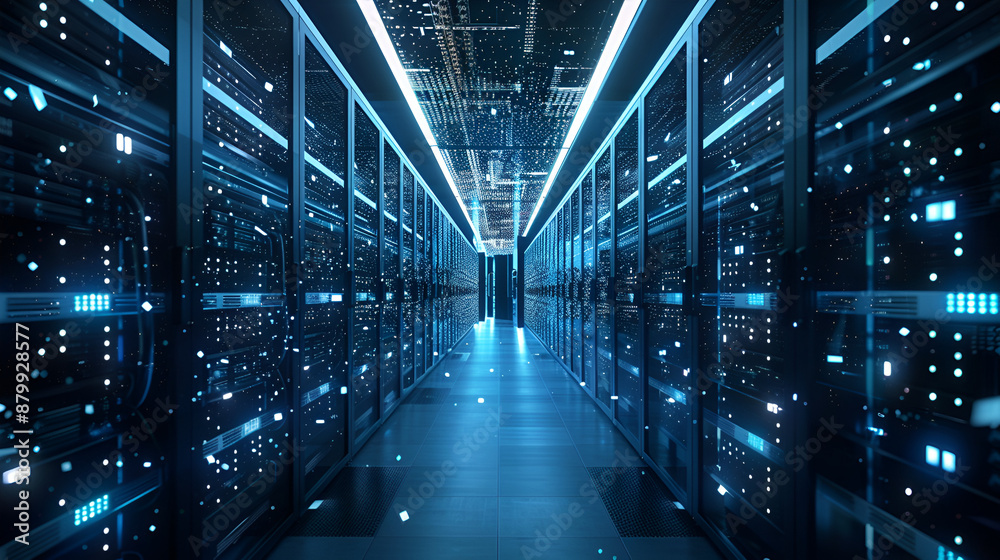 View of a Corridor in an Operational Data Center with Supercomputers and Rack Servers and a High ...