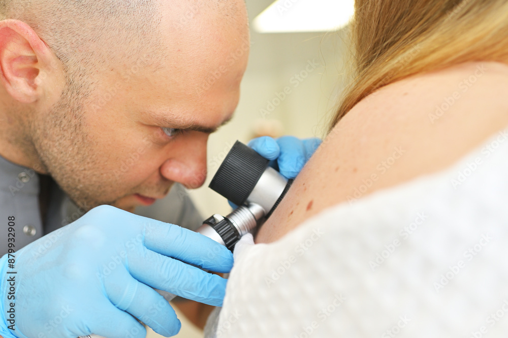 dermatologist oncologist uses a dermatoscope to examine moles and ...