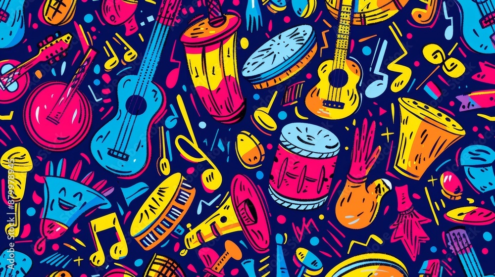 musical instrument doodles, playful doodle pattern with drums ...