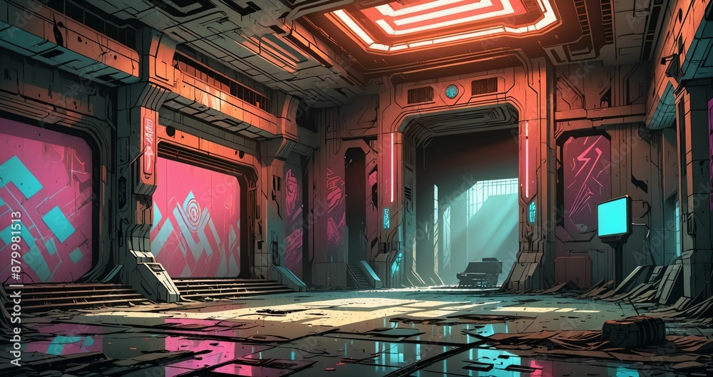 Ilustración de Stock abandoned room interior in cyberpunk sci fi ...