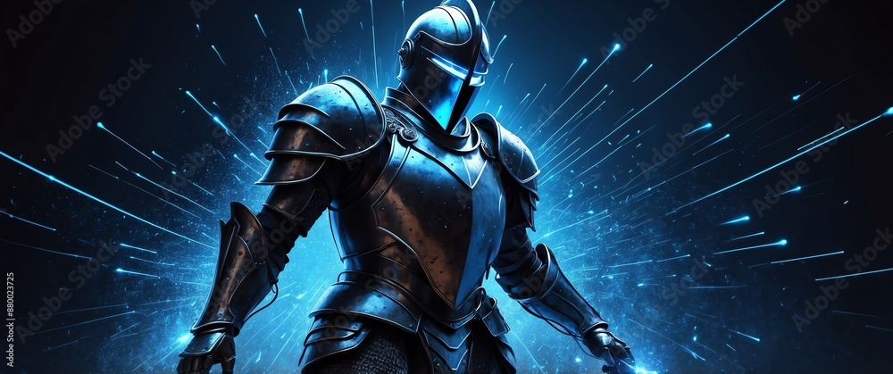 knight warrior with blue light trail effect futuristic particles ...