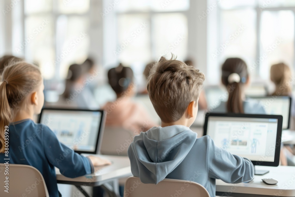 Classroom of young students using laptops for digital learning ...