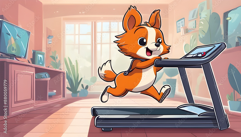 Cute cartoon fox running on a treadmill in a cozy home setting ...