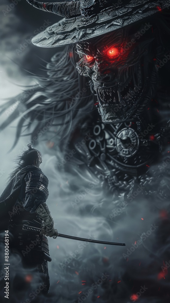 A lone samurai faces a menacing giant skeleton with glowing eyes in a ...