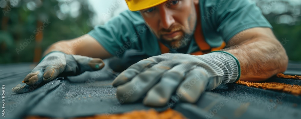 Professional Roof Installation Close-Up of Builder Installing ...