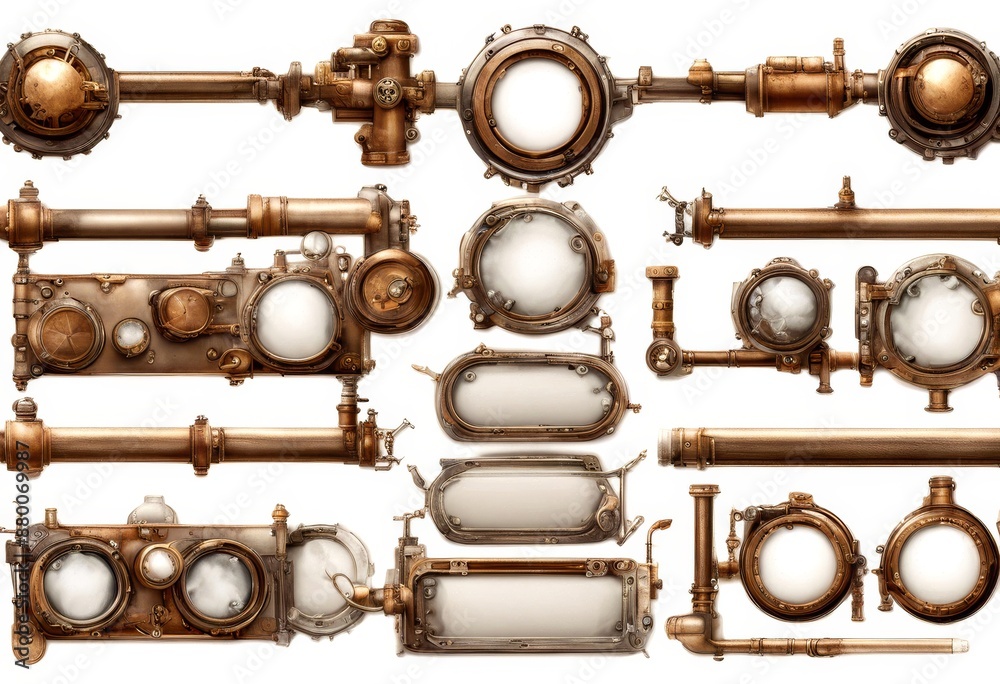 collection of steampunk-style pipe and valve elements arranged in a ...