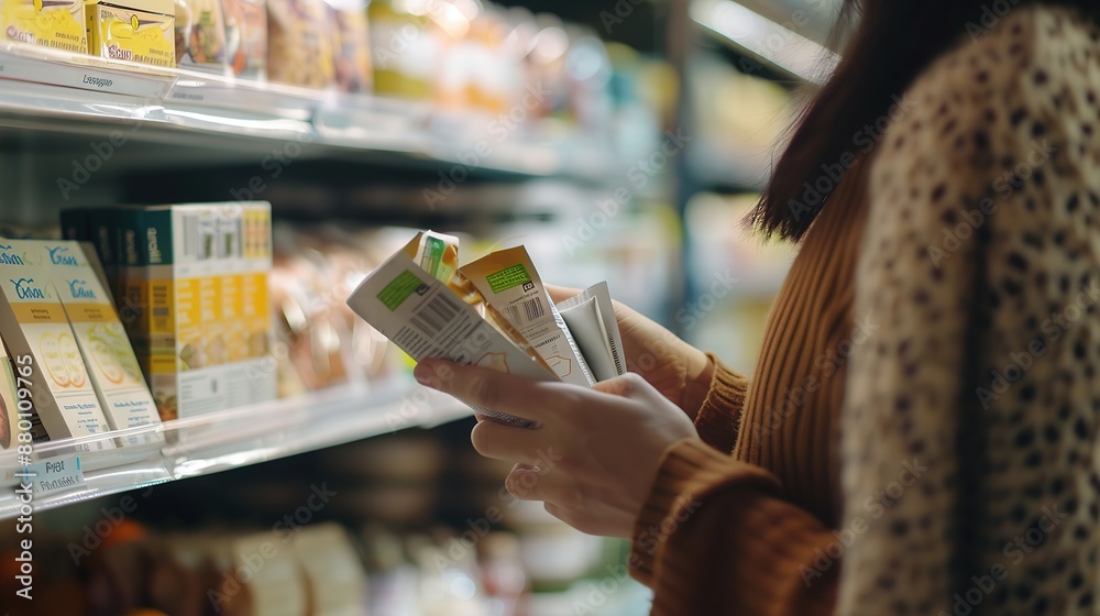 Close-up of an individual carefully reading ingredient labels on food ...