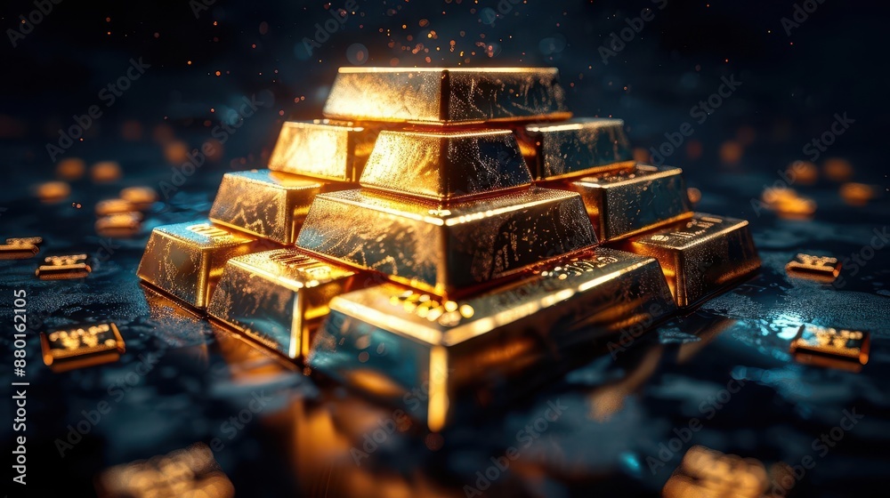 Artistic 3D render of gold bars stacked in a pyramid shape, glowing under a spotlight ...