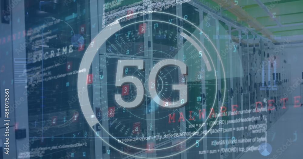 Image of data processing and scope scanning with 5g text over server room Stock Photo | Adobe Stock