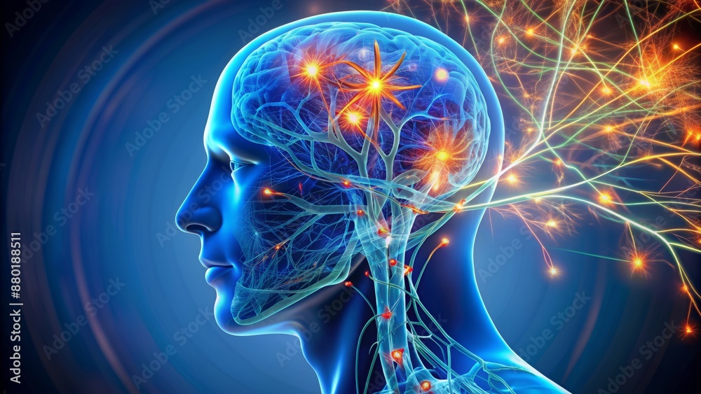 3D blue anatomical silhouette of a human head highlighting brain ...