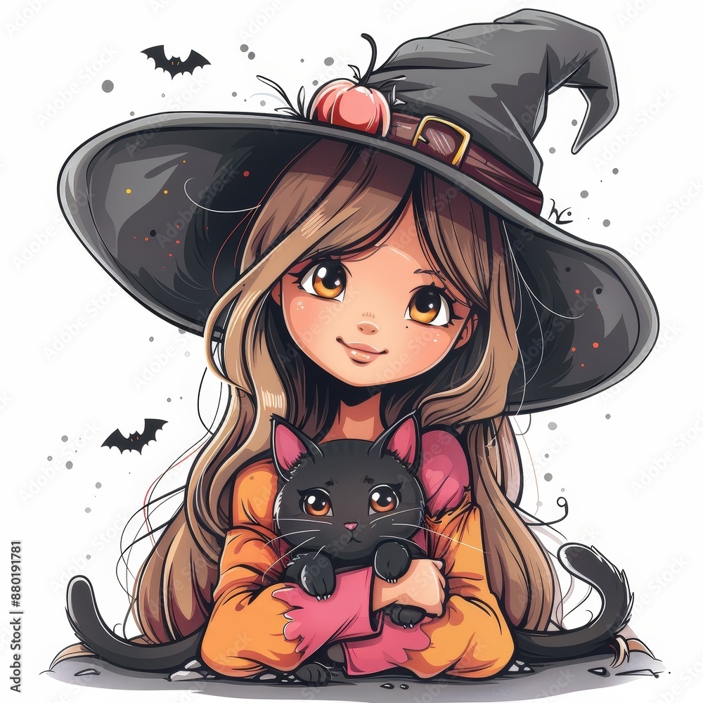 Stock-Illustration „Cute little girl in a witch hat cuddling a black ...