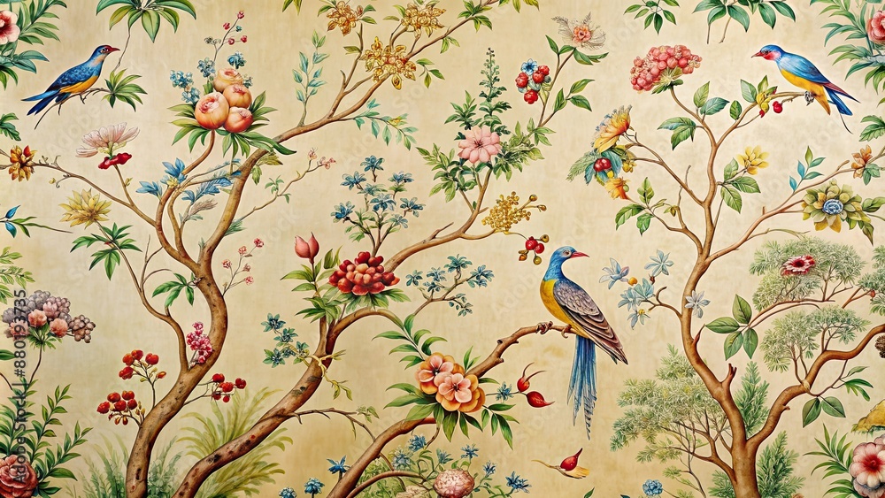 Vintage chinoiserie wallpaper featuring intricate bird and tree motifs ...