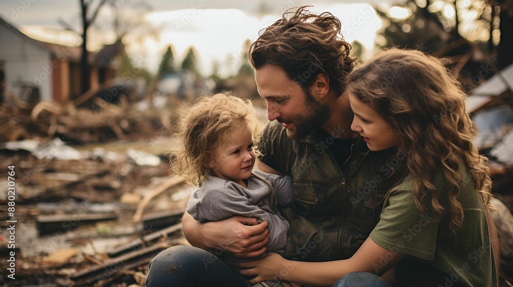 A father embraces his two young children amidst the debris and ...