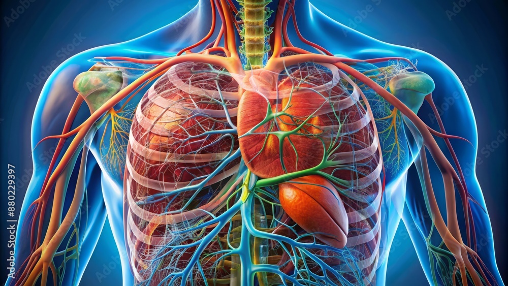 Macroscopic detailed illustration of the human liver's internal anatomy ...