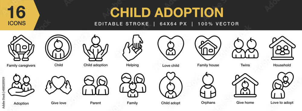 Set of 16 Child Adoption icon set. Editable Stroke Icon Collection ...