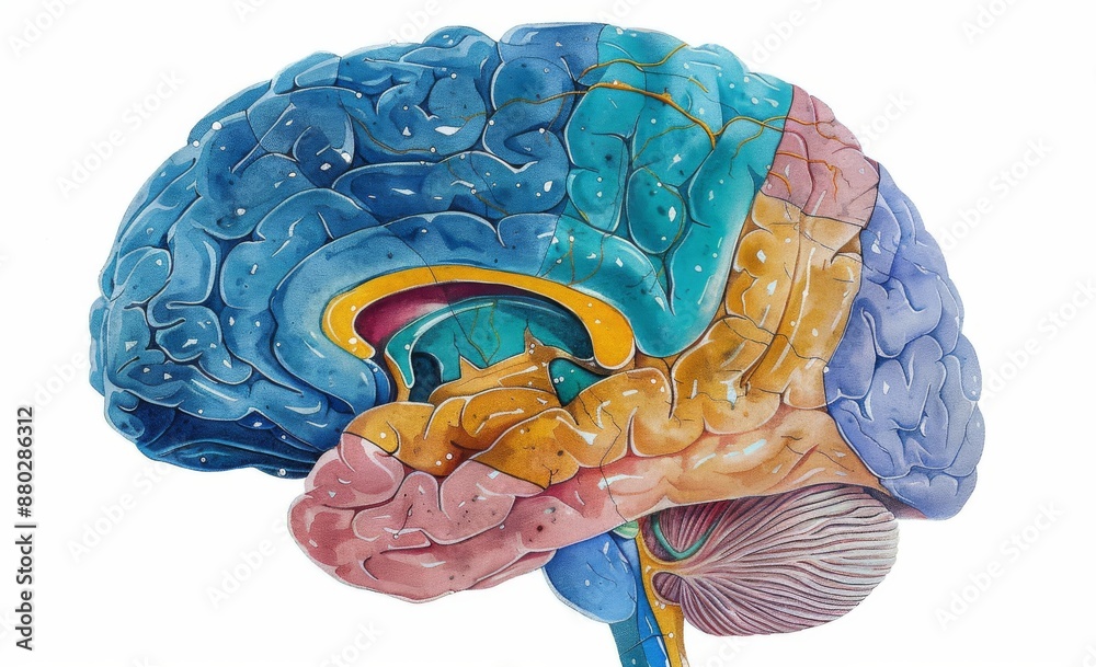 Detailed illustration of human brain anatomy showcasing different lobes ...