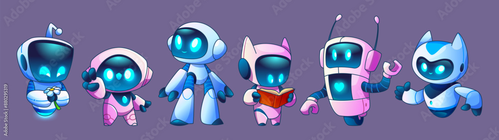 Cute cartoon ai chatbot robots with smiling faces. Vector set of funny ...