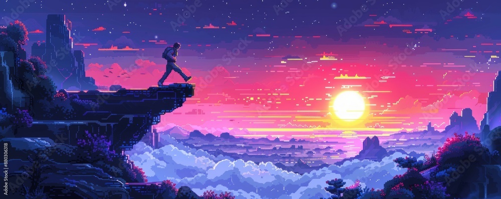 A pixel art illustration of a video game character jumping and running ...