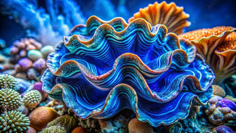Vibrant blue background highlights intricate textures of giant clam ...