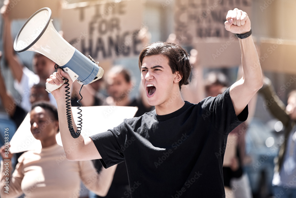 Frustrated man, megaphone and protest with crowd for human rights ...