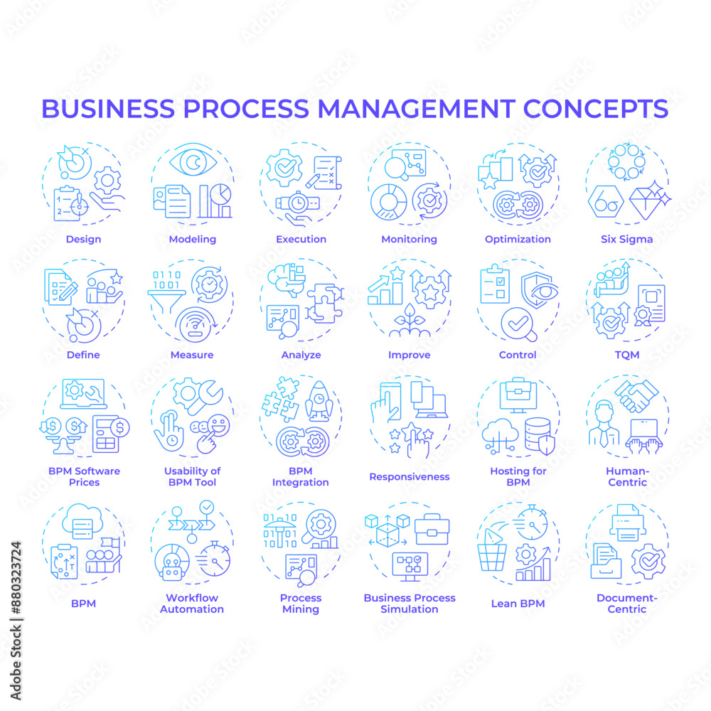 Business process management blue gradient concept icons. BPM system. Quality management. Lean ...