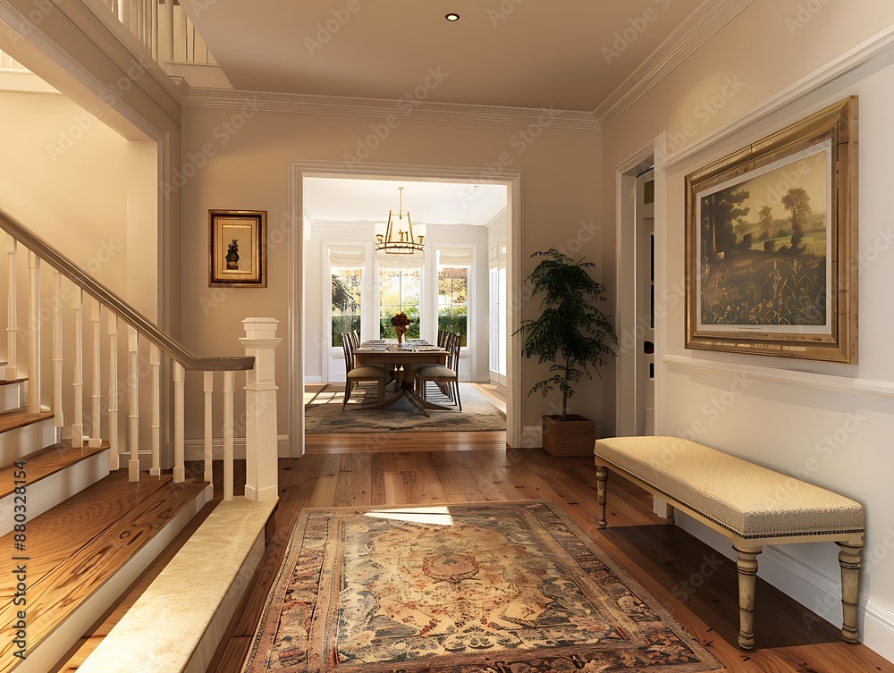 Warm and welcoming foyer of a suburban home with a vintage bench ...