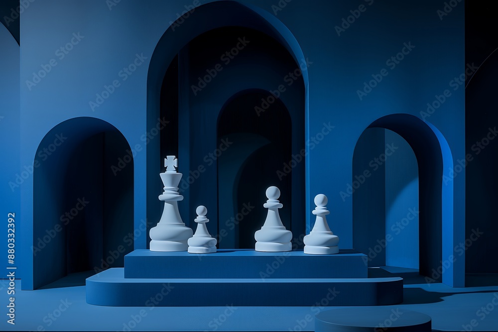 Minimalist stage design with white chess pawns and blue arches on dark ...