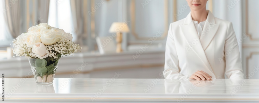 Sophisticated hotel receptionist, offering guests a gracious greeting ...