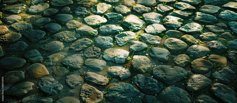 Morning sunlight illuminates a textured pebblestone pavement with a ...