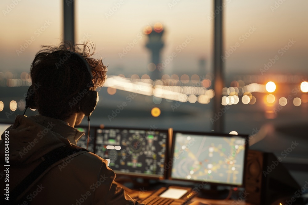 Nighttime Operations at Busy Airport Control Tower - Illuminated Flight ...