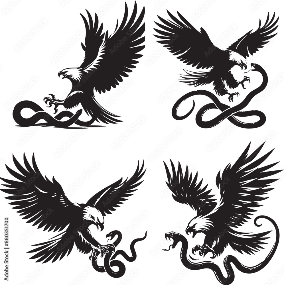 Bald eagle flying and attack snake vector silhouette illustration ...