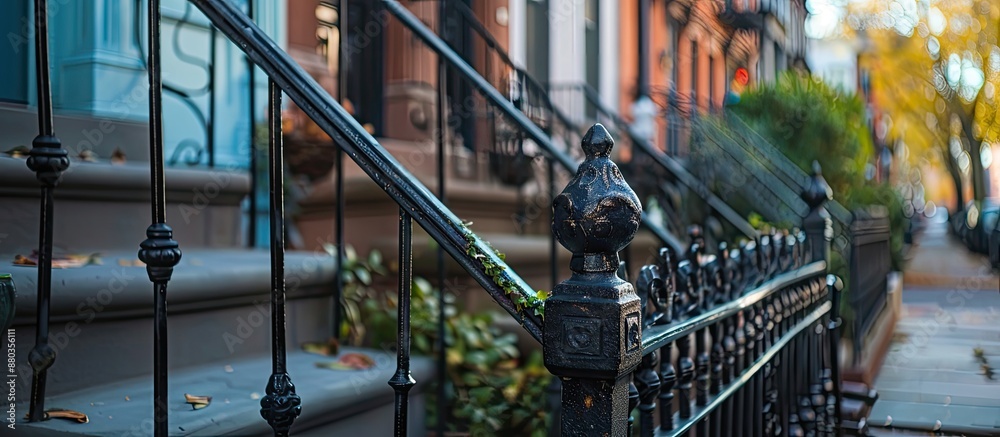 Focus on a wrought iron railing post by a stoop stairway with houses in ...