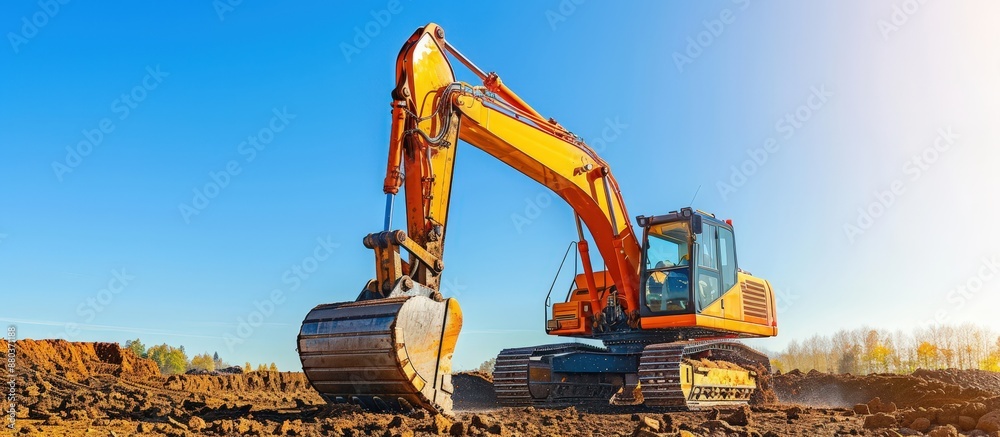 A powerful yellow excavator working at a construction site, digging and ...