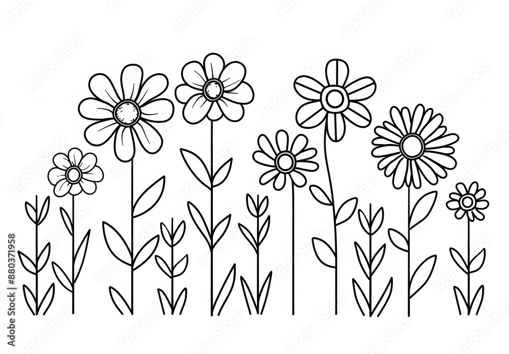 simple flower cartoon line art coloring page for kids, white background ...