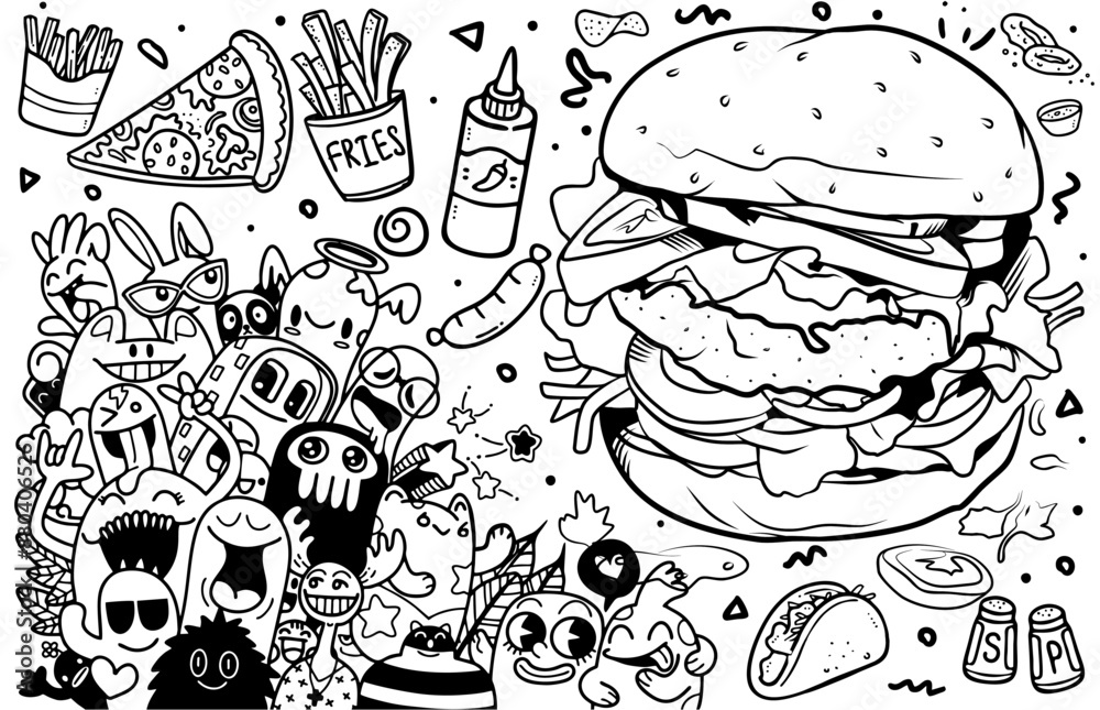 This image shows a burger doodle that looks cute and creative. This ...