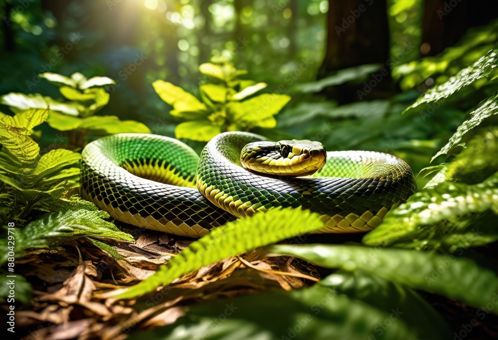sinuous snake slithering amidst sunlight lush forest setting, reptile ...