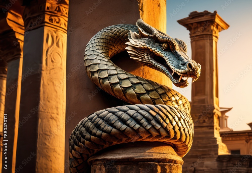 majestic snake coiled towering historic pillar, reptile, serpentine ...